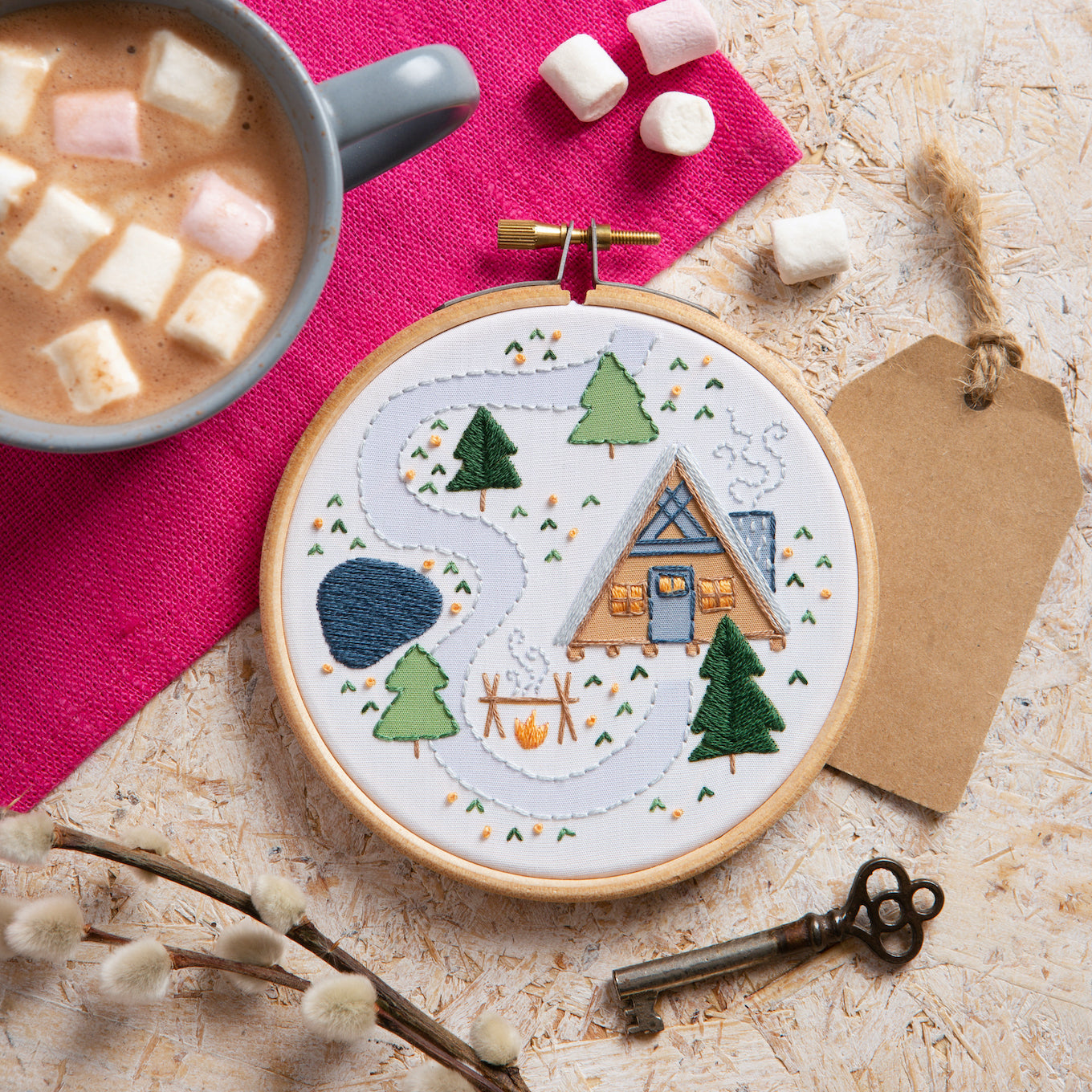 Log Cabin Mini Embroidery Kit - Snuggly Monkey